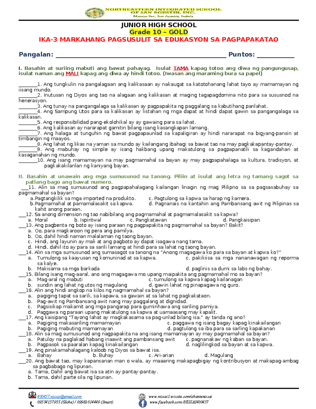 Ika-3 Markahang Pagsusulit - Es P G8 & G10 - JUNIOR HIGH SCHOOL Grade ...
