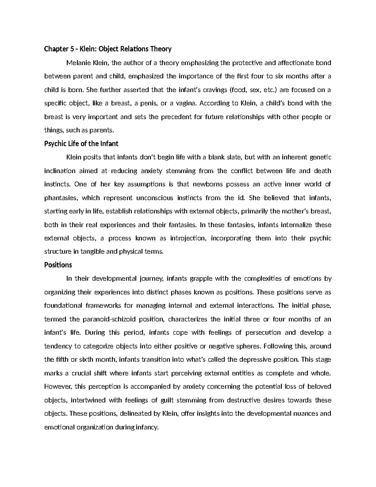 Chapter 5 - Theories of Personality - Chapter 5 - Klein: Object ...