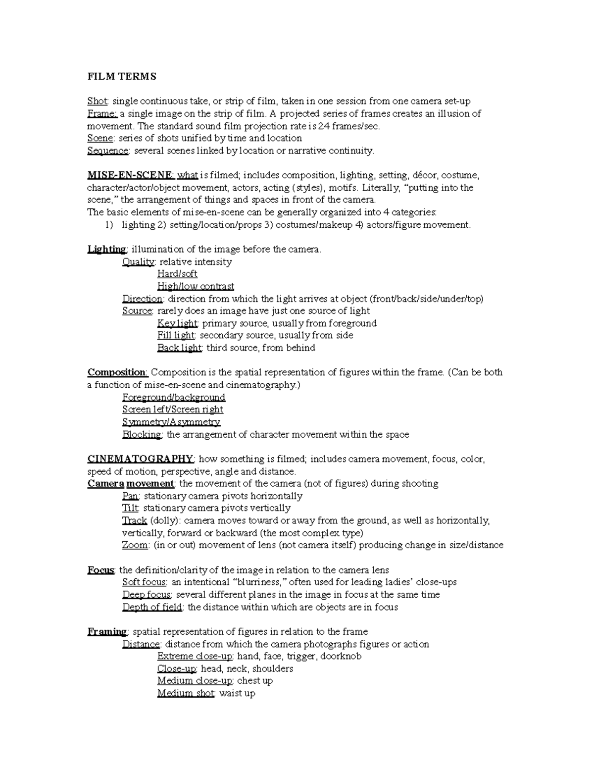 Film Term for Cinema - FILM TERMS Shot: single continuous take, or ...