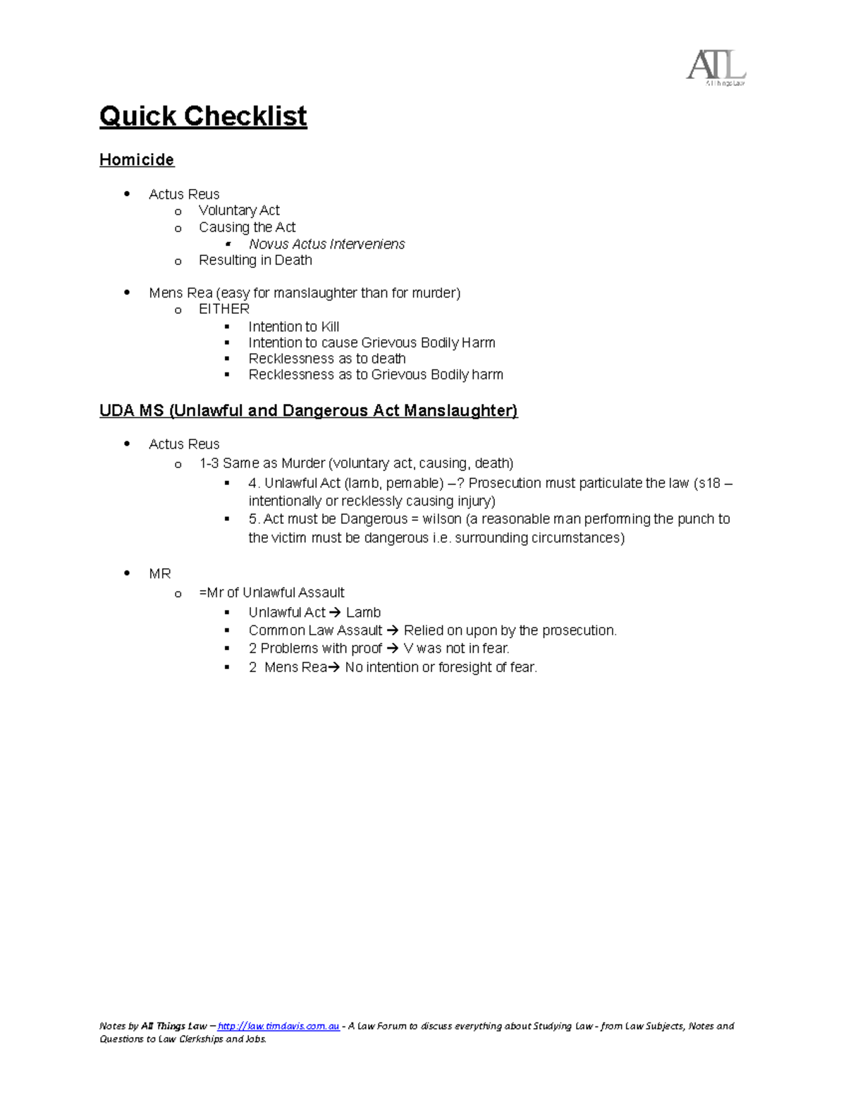 Homicide Flow Chart - Quick Checklist Homicide Actus Reus o Voluntary ...