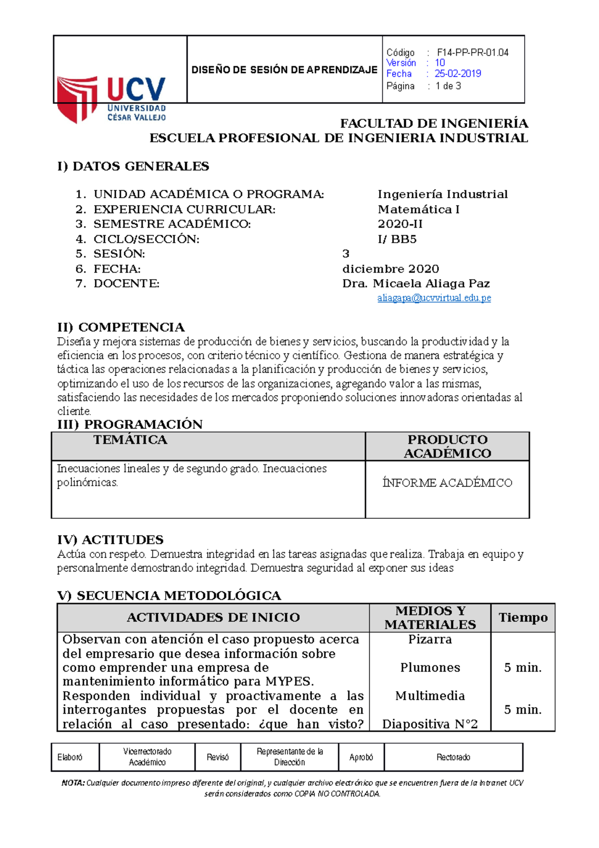 Sesion DE Aprendizaje 03 2020-II - DISEÑO DE SESIÓN DE APRENDIZAJE Código : F14-PP-PR-01 ...