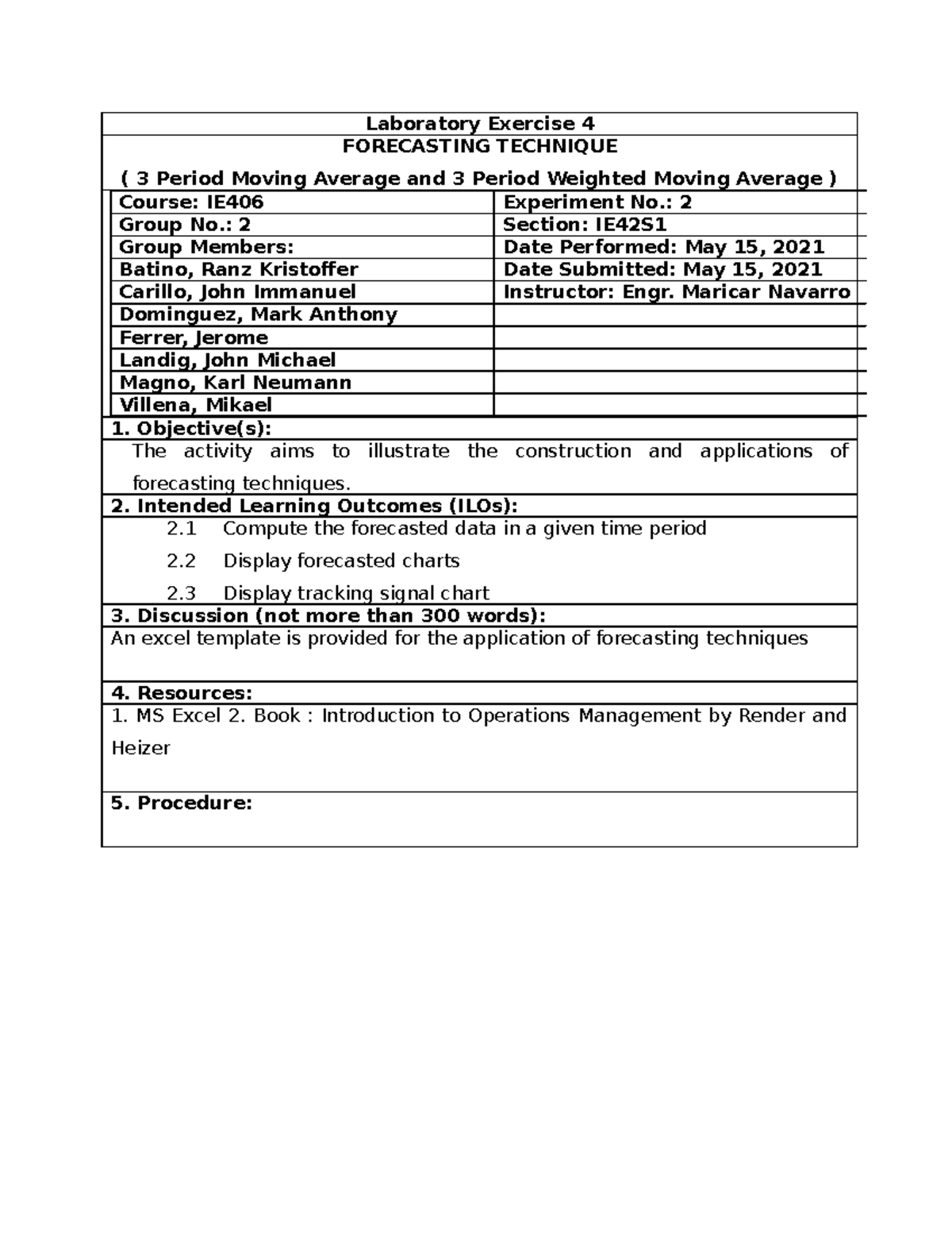 IE406 Practical Activity 2 - Laboratory Exercise 4 FORECASTING ...