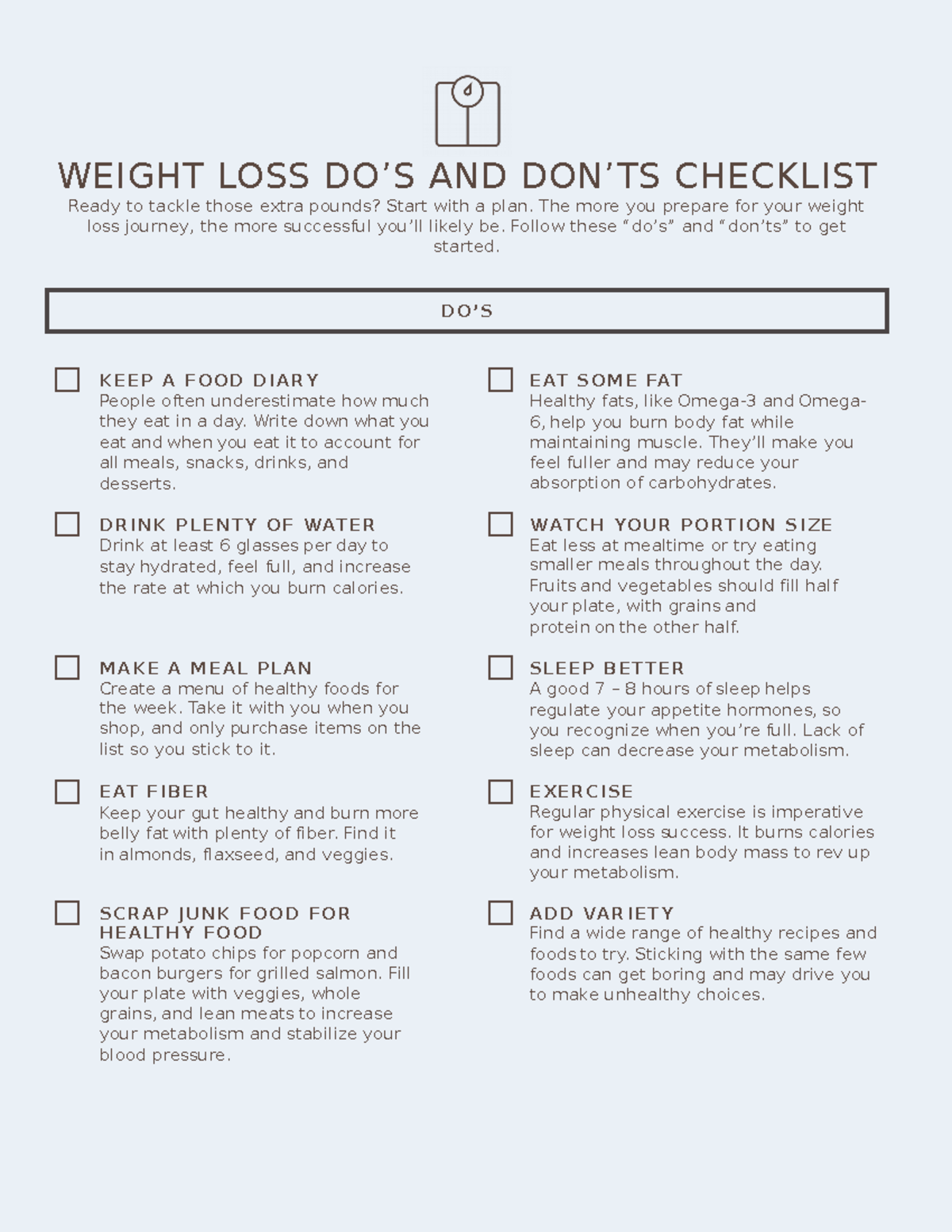 Weight Loss Do and Don't - WEIGHT LOSS DO’S AND DON’TS CHECKLIST Ready ...
