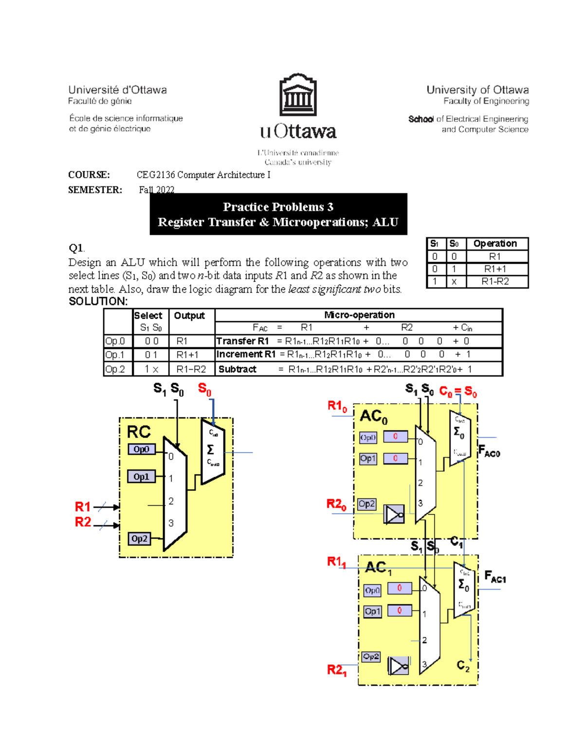 CEG2136 PP3Fall2023 sol - COURSE: CEG2136 Computer Architecture I SEMESTER: Fall 2022 Q1. Design ...