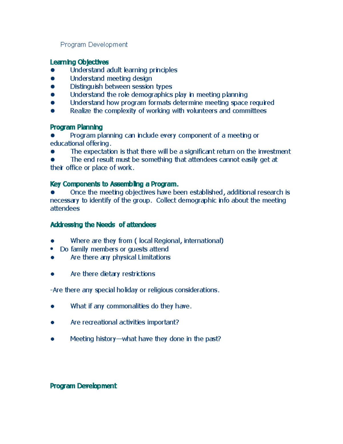 Program development - Program Development Learning Objectives ...