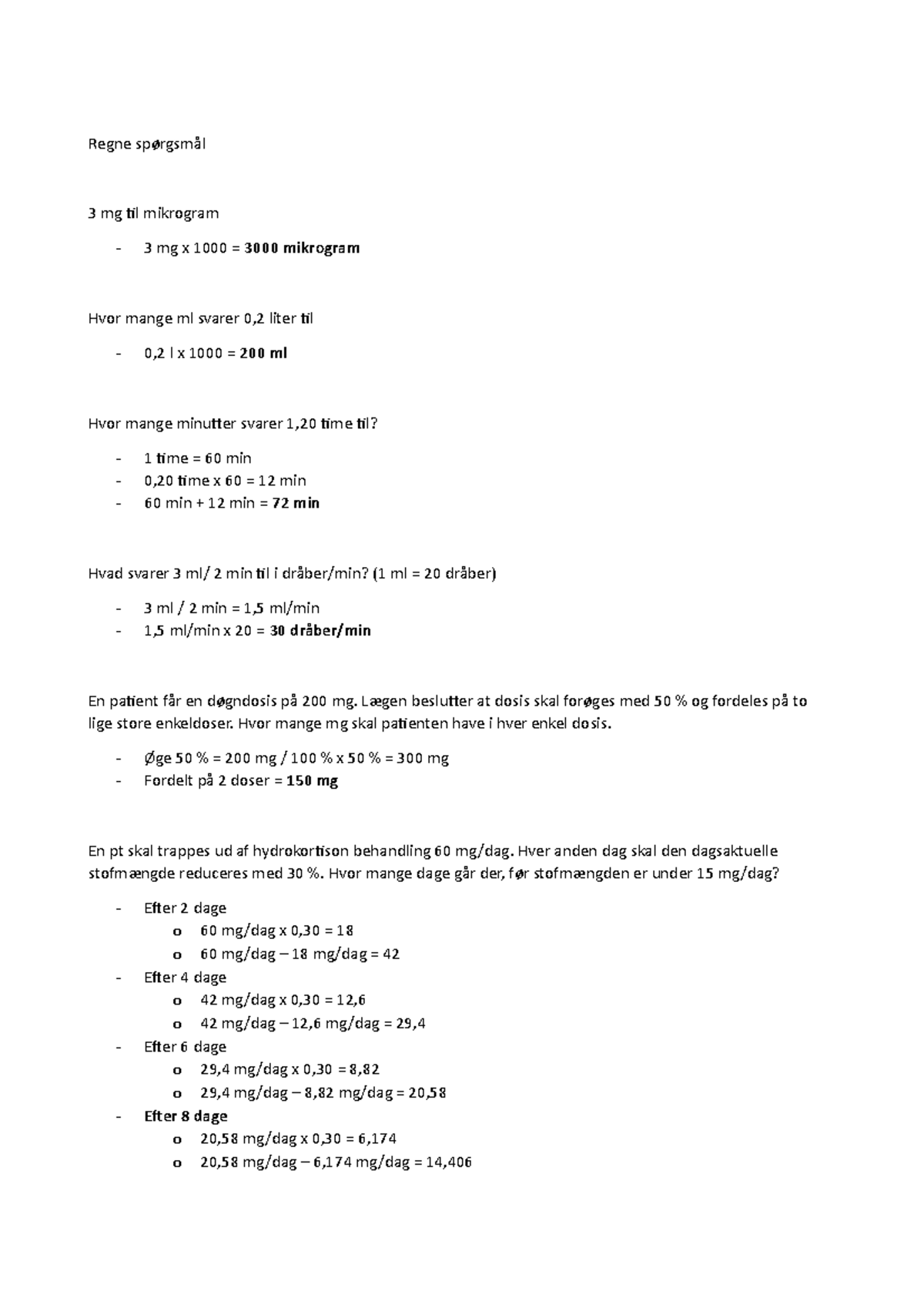 Lægemiddelregning spørgsmål + svar - Regne spørgsmål 3 mg til mikrogram ...