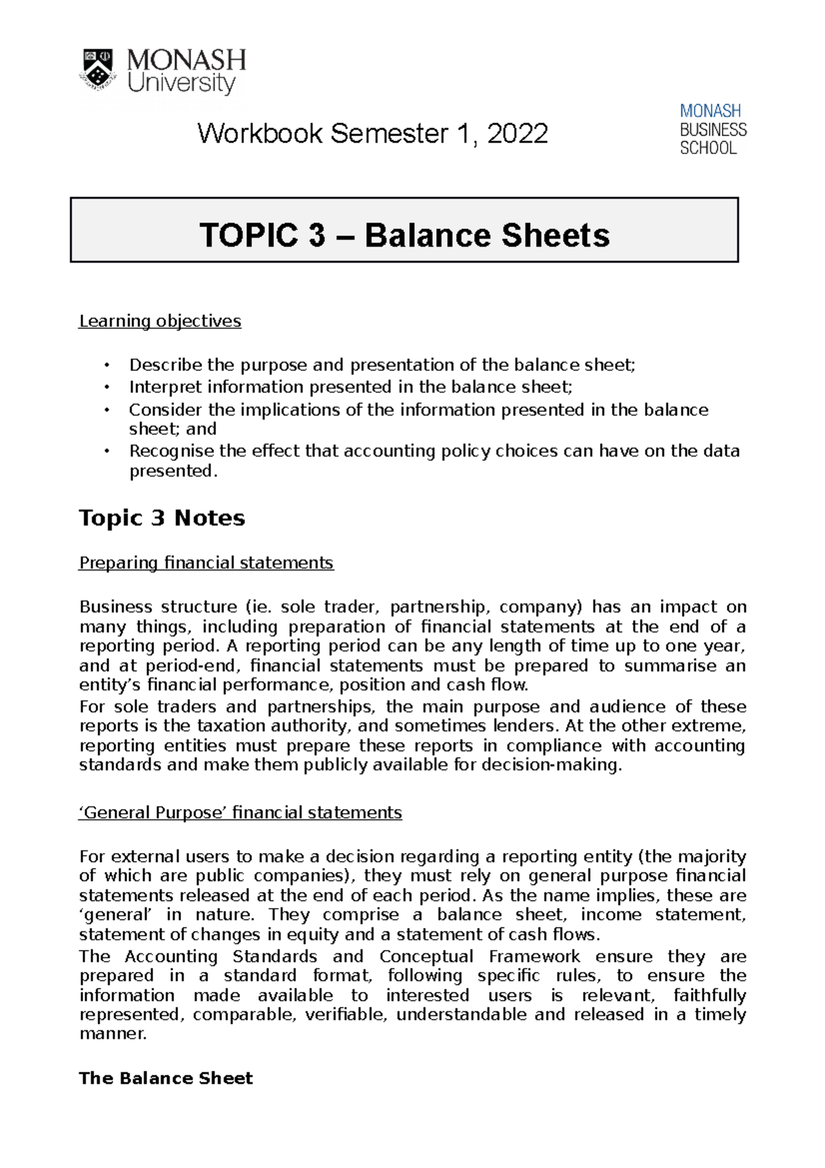 Workbook Topic 3 - pre workshop - Workbook Semester 1, 2022 TOPIC 3 – Balance Sheets Learning ...