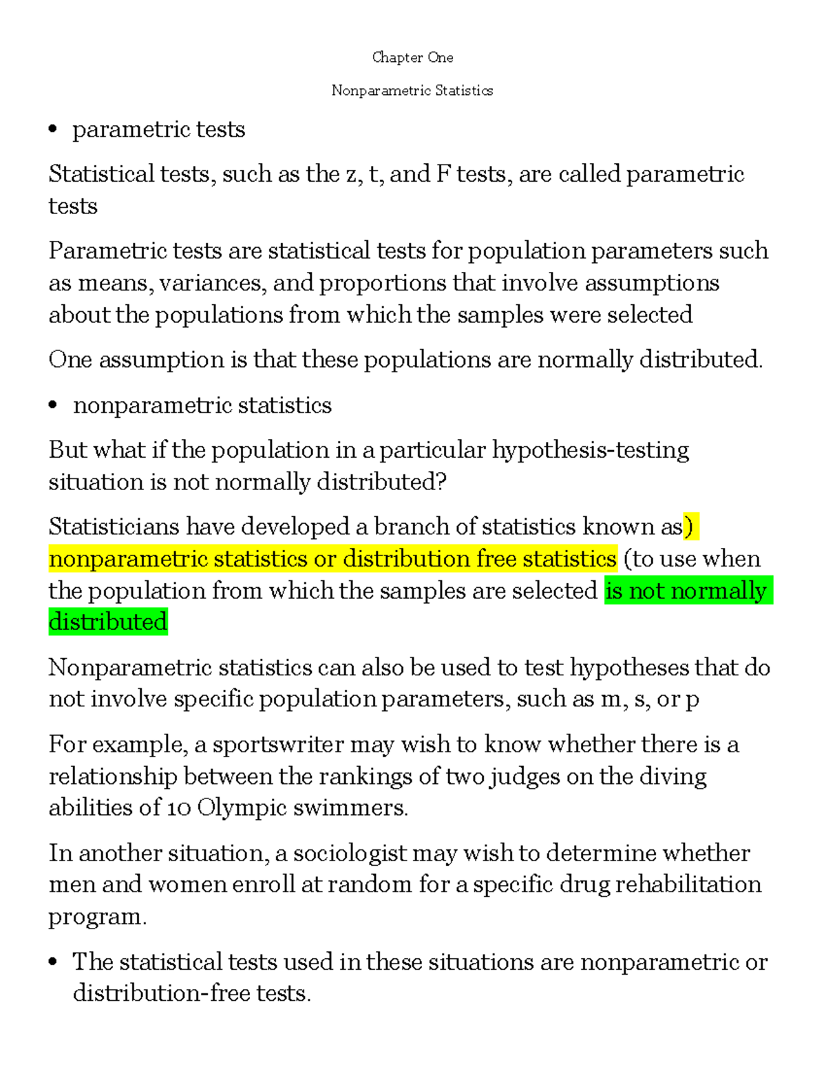 Chapter One Chapter One Nonparametric Statistics Parametric Tests Statistical Tests Such As