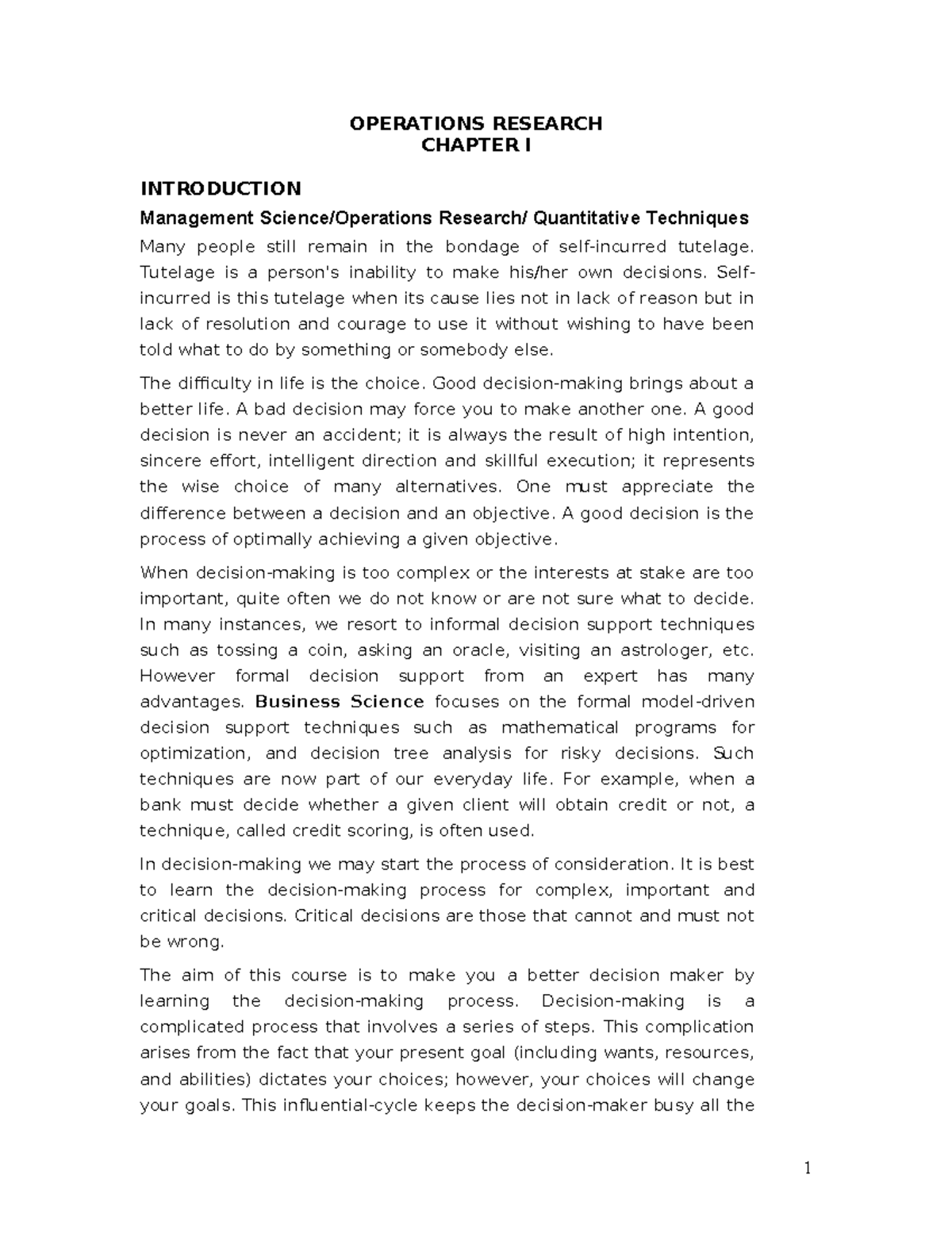 Linear Programming - OPERATIONS RESEARCH CHAPTER I INTRODUCTION Management Science/Operations ...