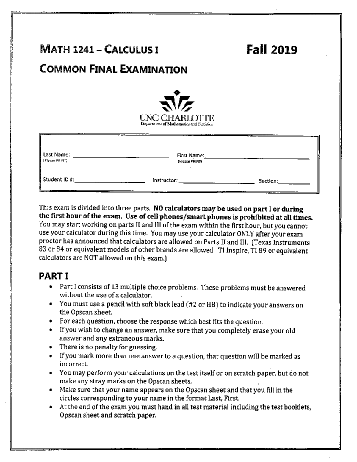 MATH 1241 FALL 2019 PART 1 - MATH 2241 - Studocu
