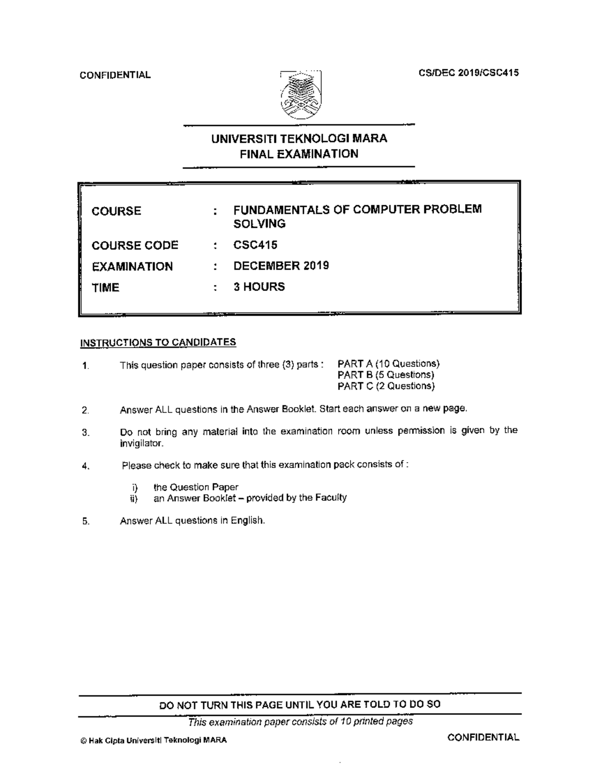 Csc415 December 2019 Confidential Course Course Code Examination Time Universiti