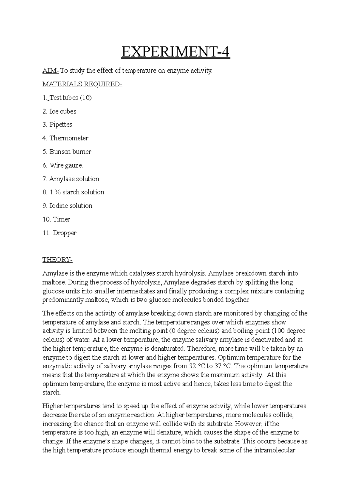 Experiment 4 - Enzymology Practical - EXPERIMENT- AIM- To study the ...