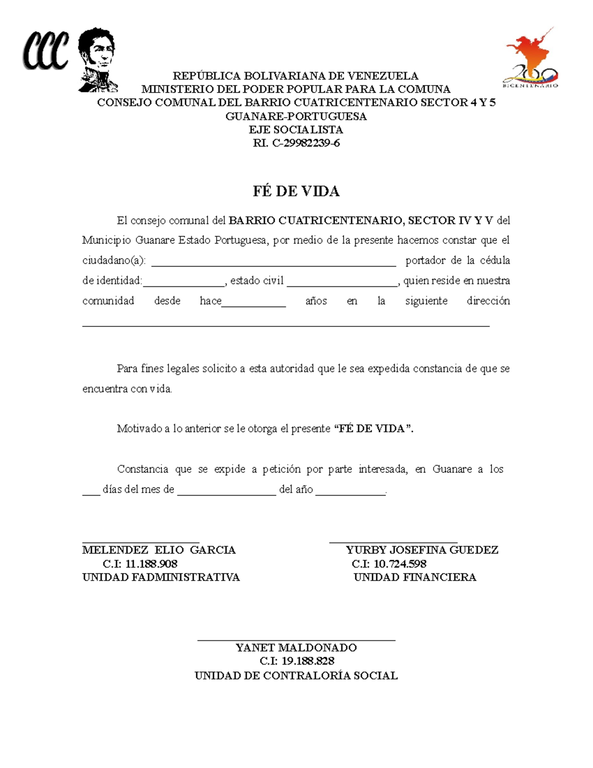 FE DE VIDA - apuntes - REPÚBLICA BOLIVARIANA DE VENEZUELA MINISTERIO ...