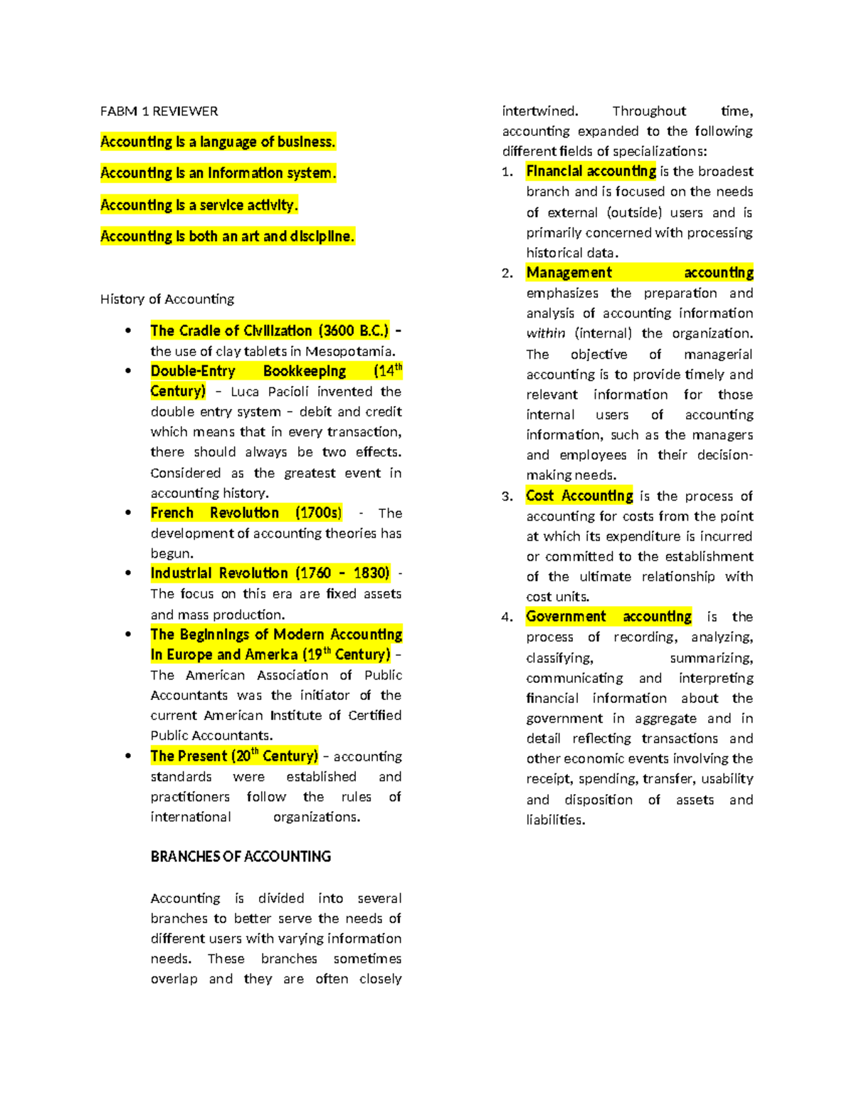 FABM 1 Reviewer Final Exam - FABM 1 REVIEWER Accounting is a language ...