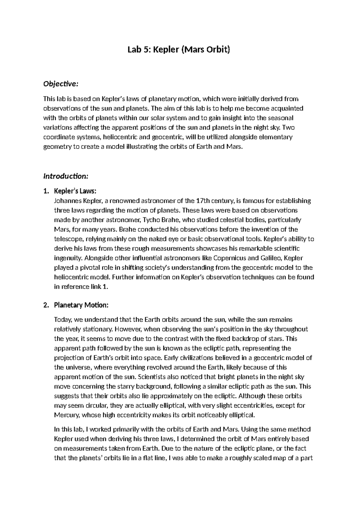 Lab 5 - Kepler (Orbit of Mars) - Lab 5: Kepler (Mars Orbit) Objective ...