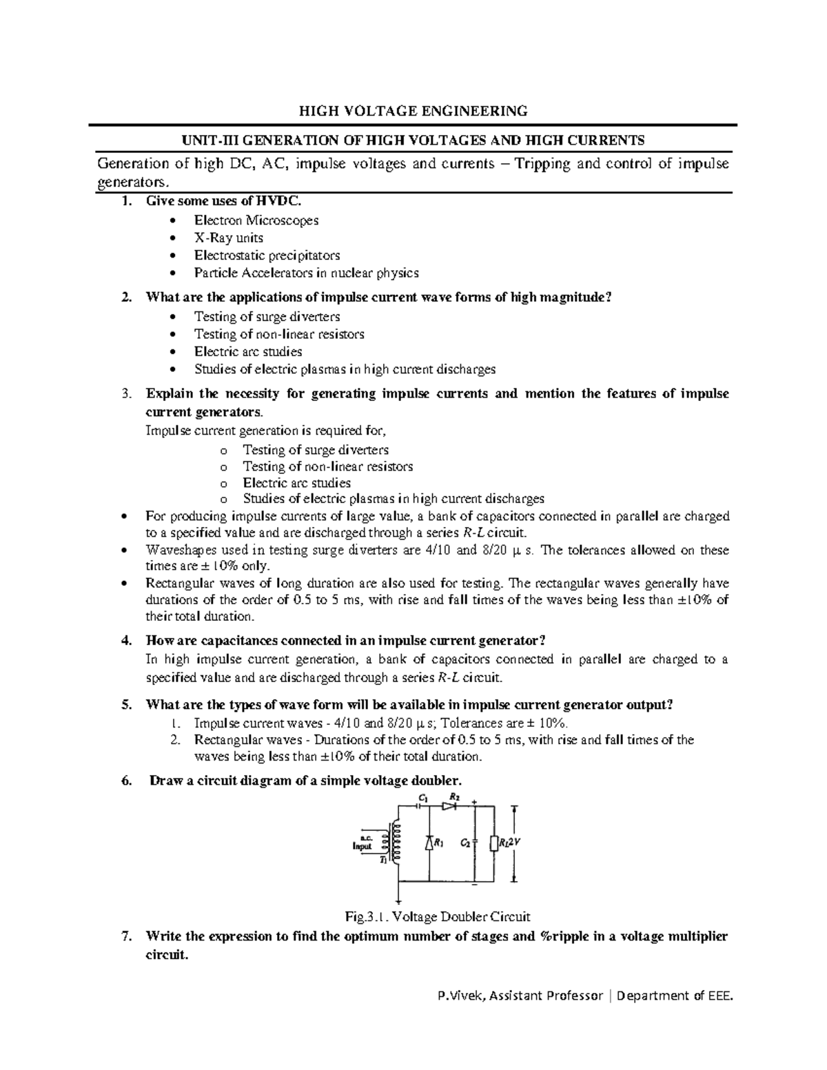 Unit-3 - HIGH VOLTAGE ENGINEERING UNIT-III GENERATION OF HIGH VOLTAGES ...