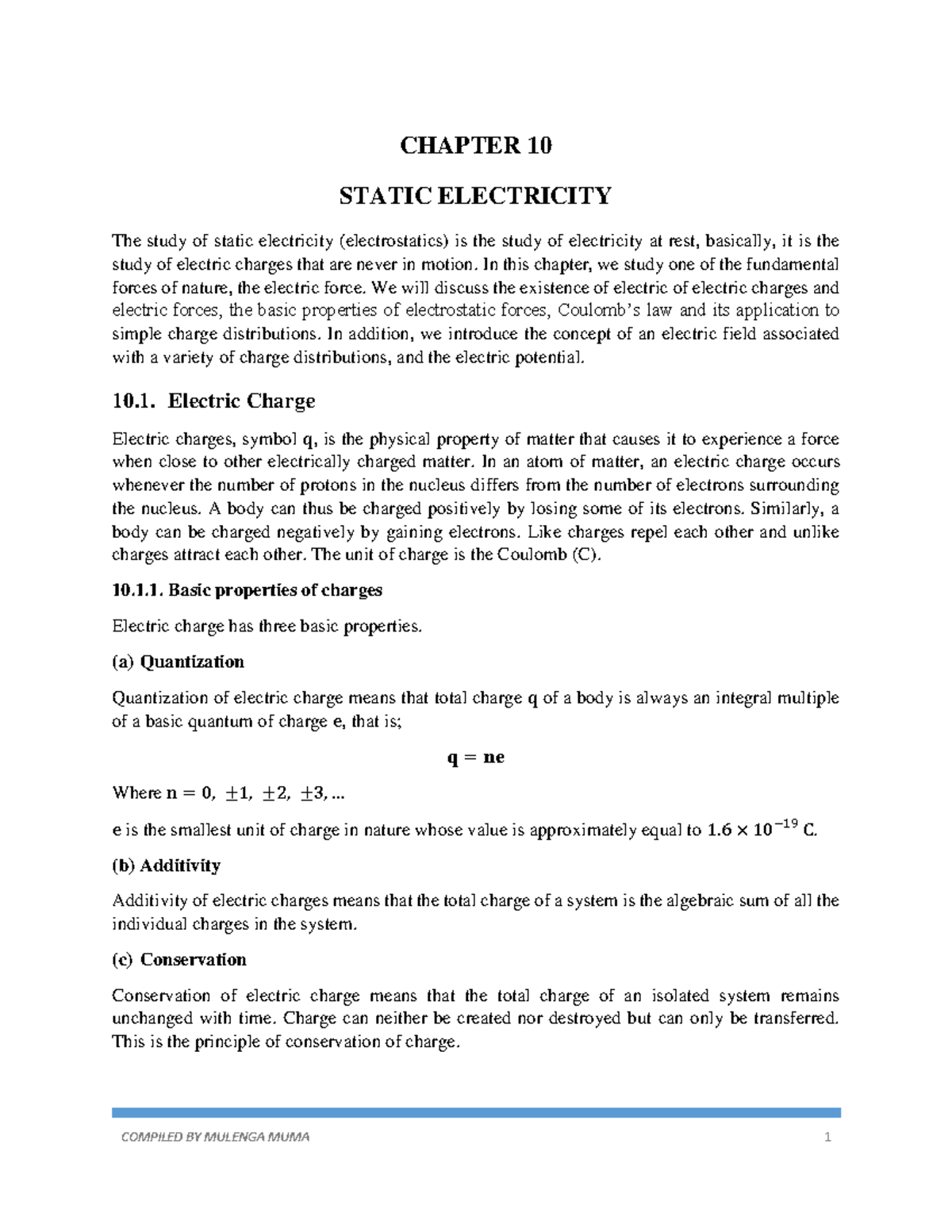 Chapter 10 Static Electricity - CHAPTER 10 STATIC ELECTRICITY The study ...