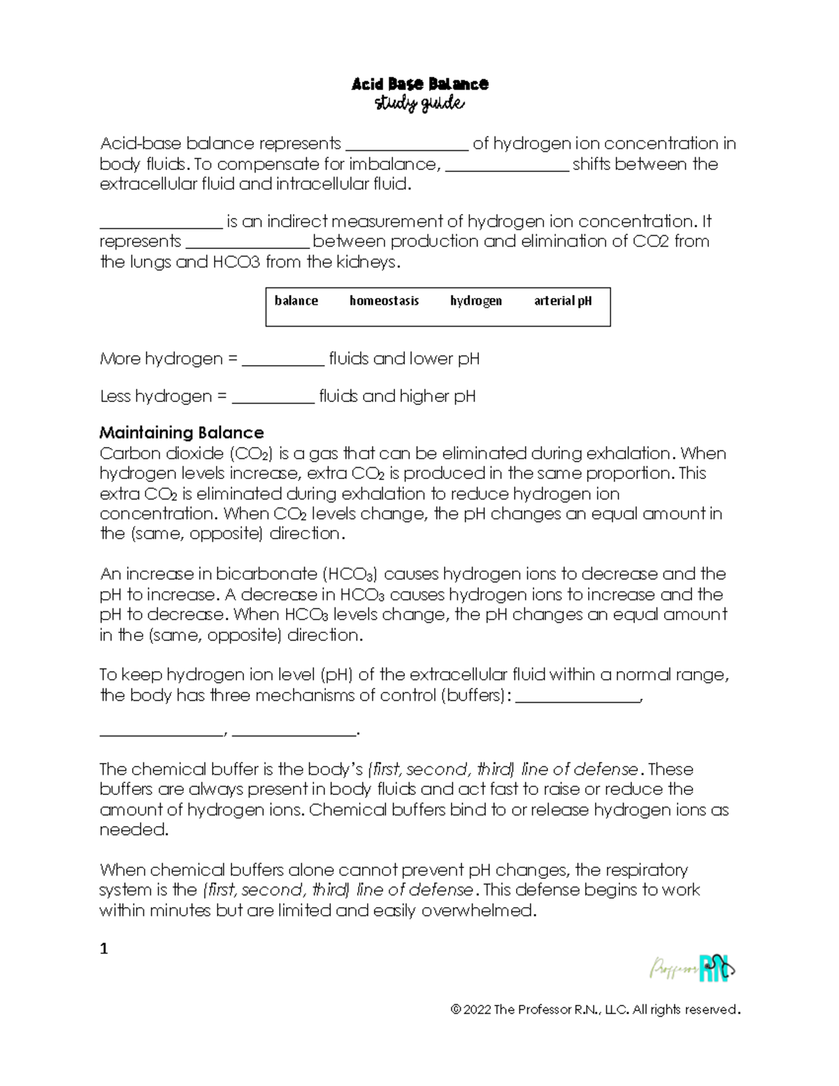 2023 Acid Base Balance SG - 1 Acid Base Balance Study guide Acid-base ...