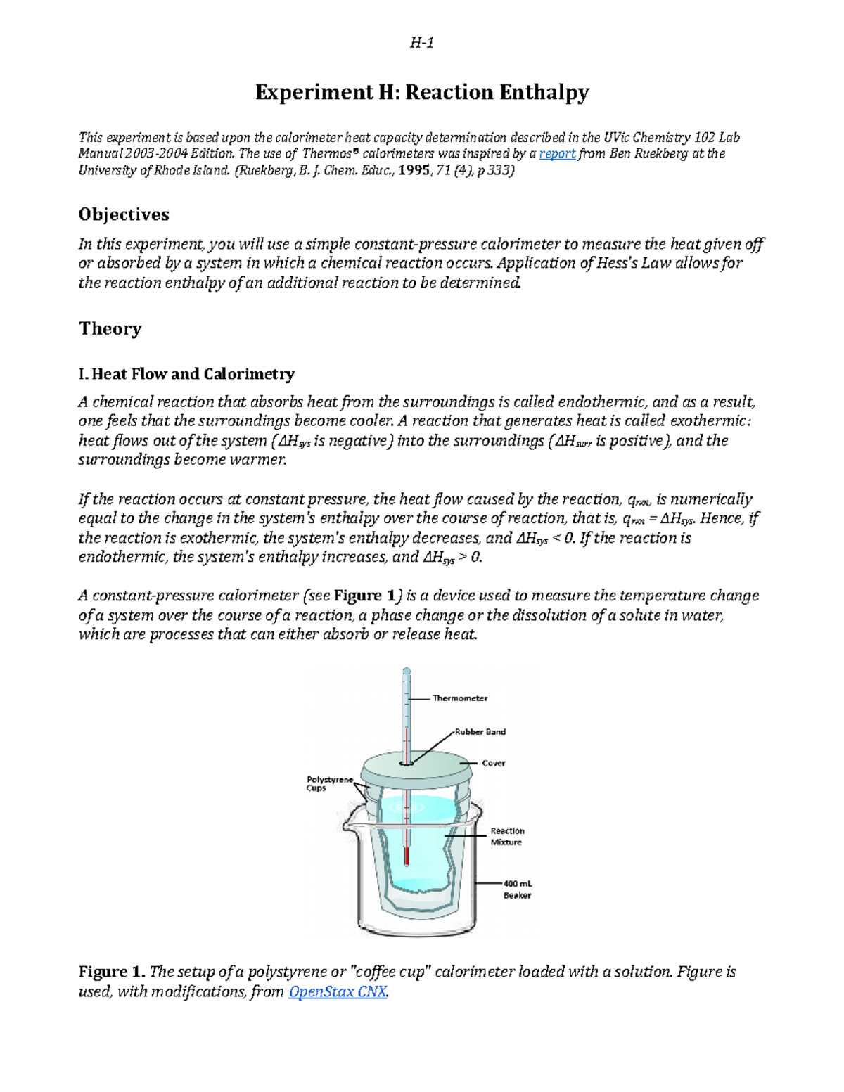 101 - H - Enthalpy - experiment H - Experiment H: Reaction Enthalpy ...