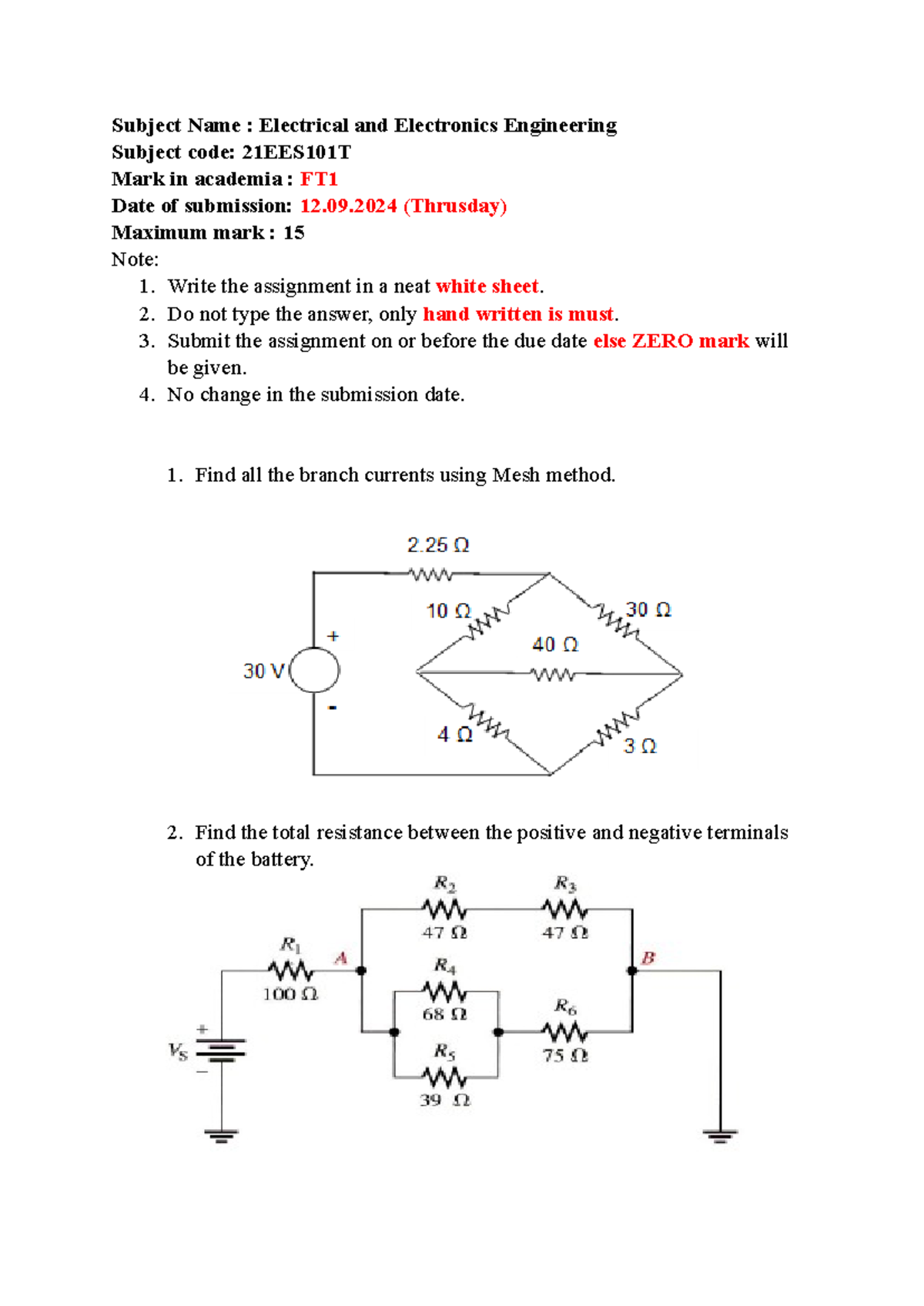 Assignment 1 - Eee - Subject Name : Electrical and Electronics ...
