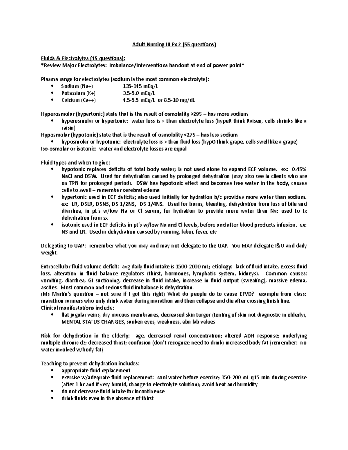 Adult Nursing III Ex 2 - 5-5 mEq/L Calcium (Ca++) 4.5-5 mEq/L or 8-10 ...