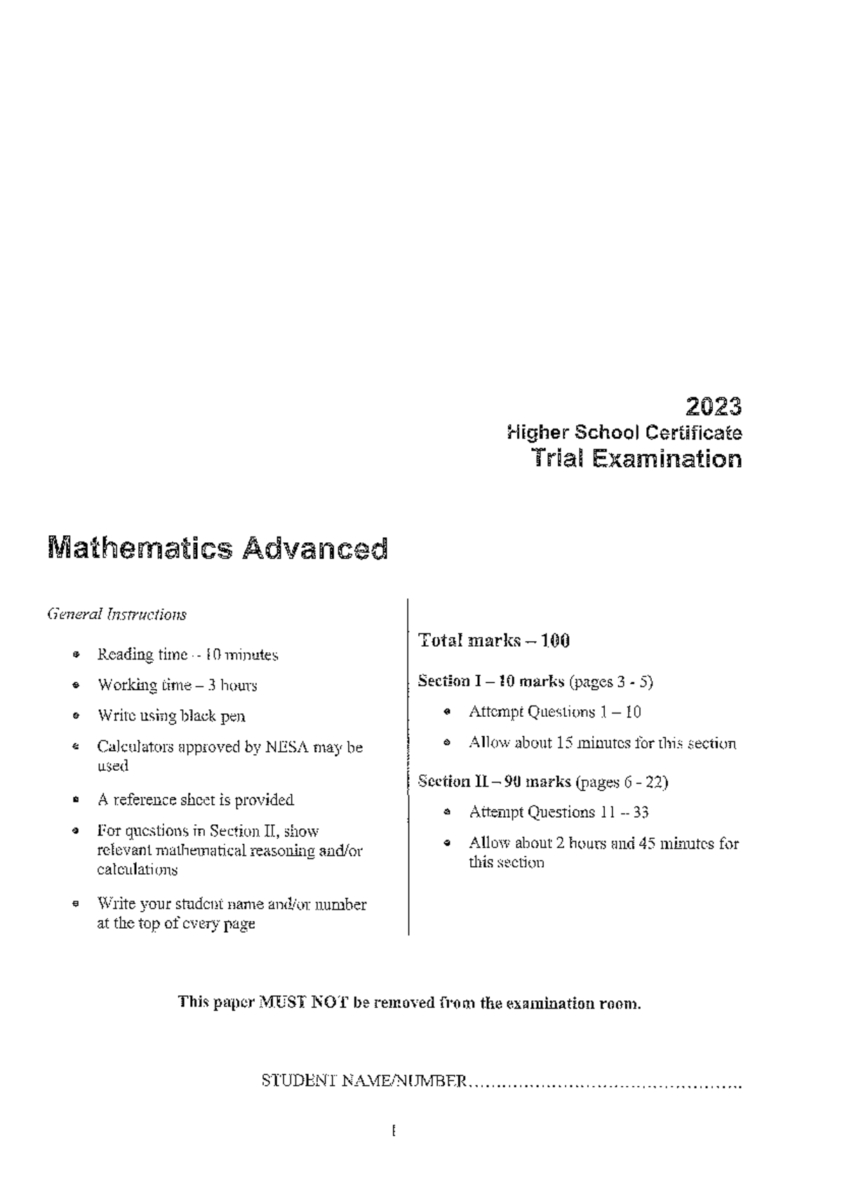 Independent 2023 2U - trial - 2023 Higher School Certificate Trial Examination Mathematics ...