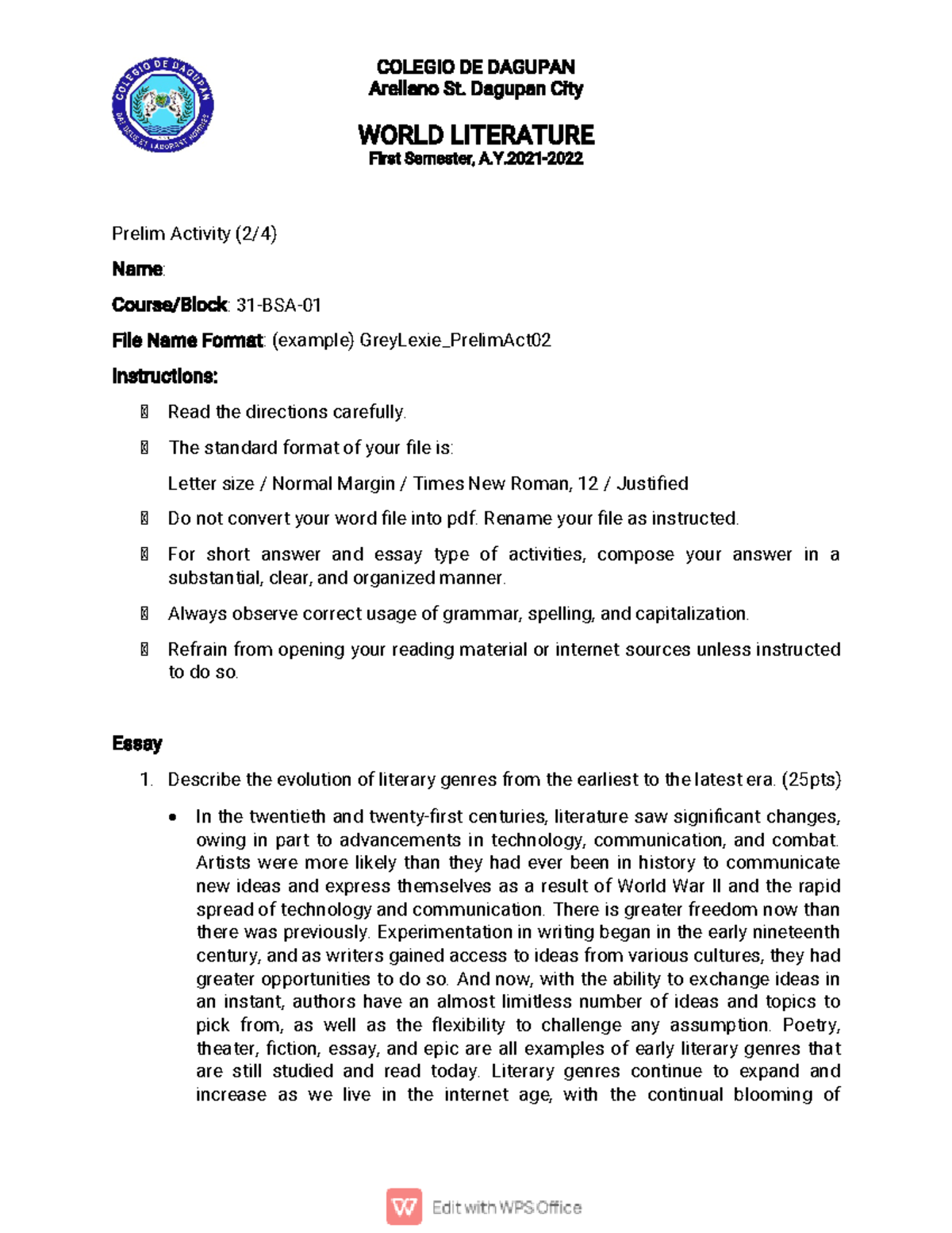 World lit2 - Essay - COLEGIO DE DAGUPAN Arellano St. Dagupan City WORLD ...