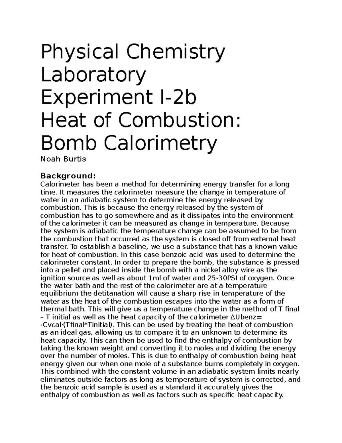 Pchem Bomb cal - Grade: bc - Physical Chemistry Laboratory Experiment I ...