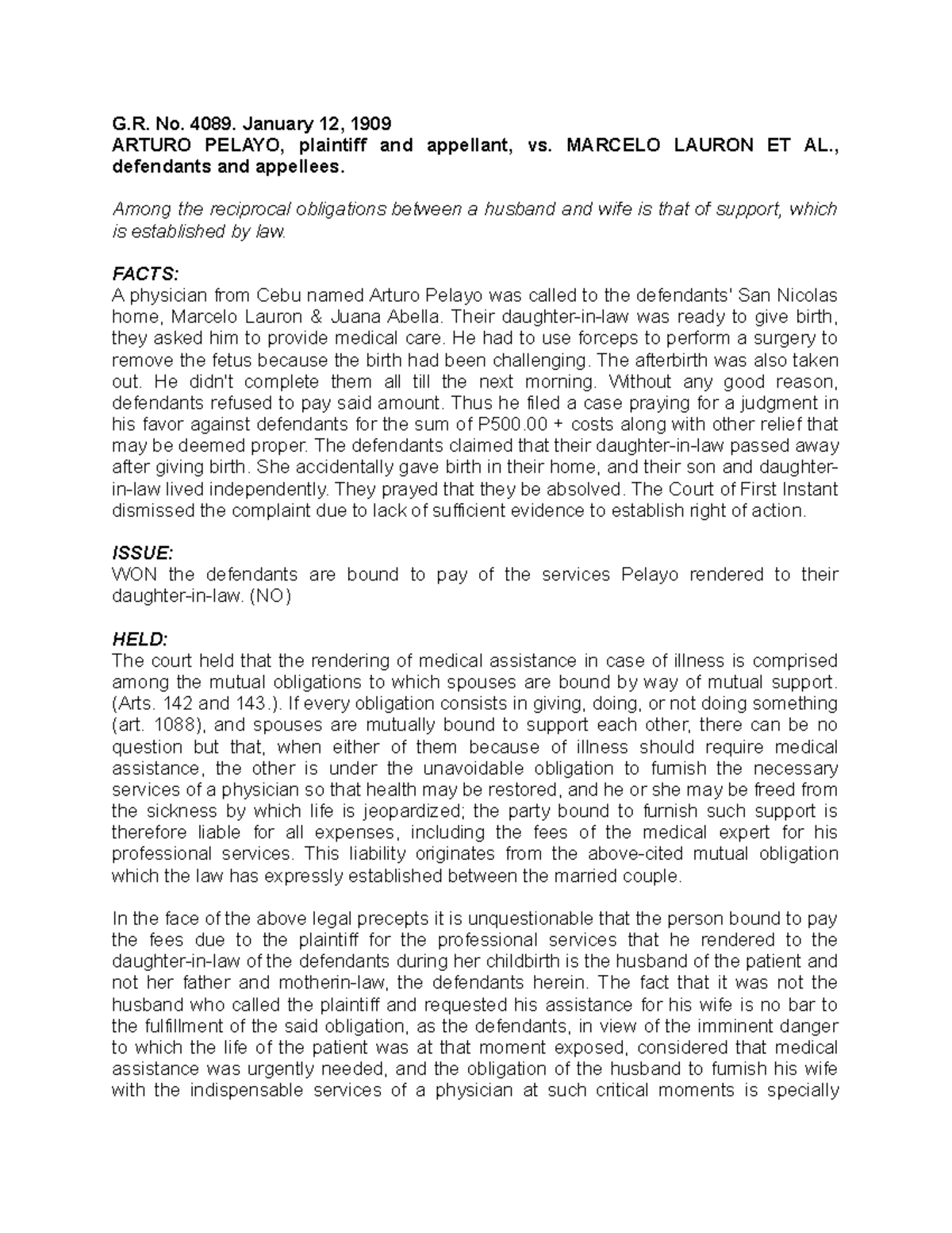 3. Pelayo vs. Lauron, 12 Phil. 453 - G. No. 4089. January 12, 1909 ...