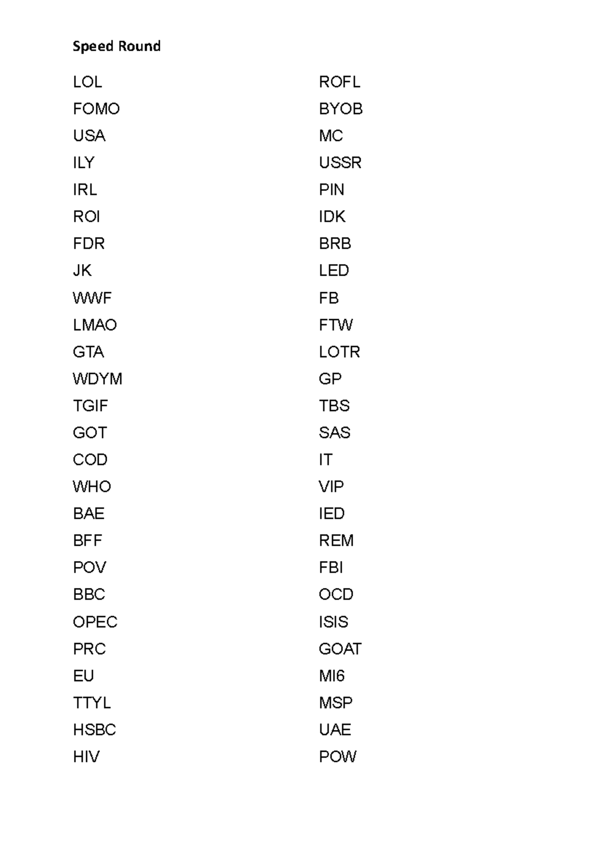 Speed Round - A christmas quiz - LOL FOMO USA ILY IRL ROI FDR JK WWF ...
