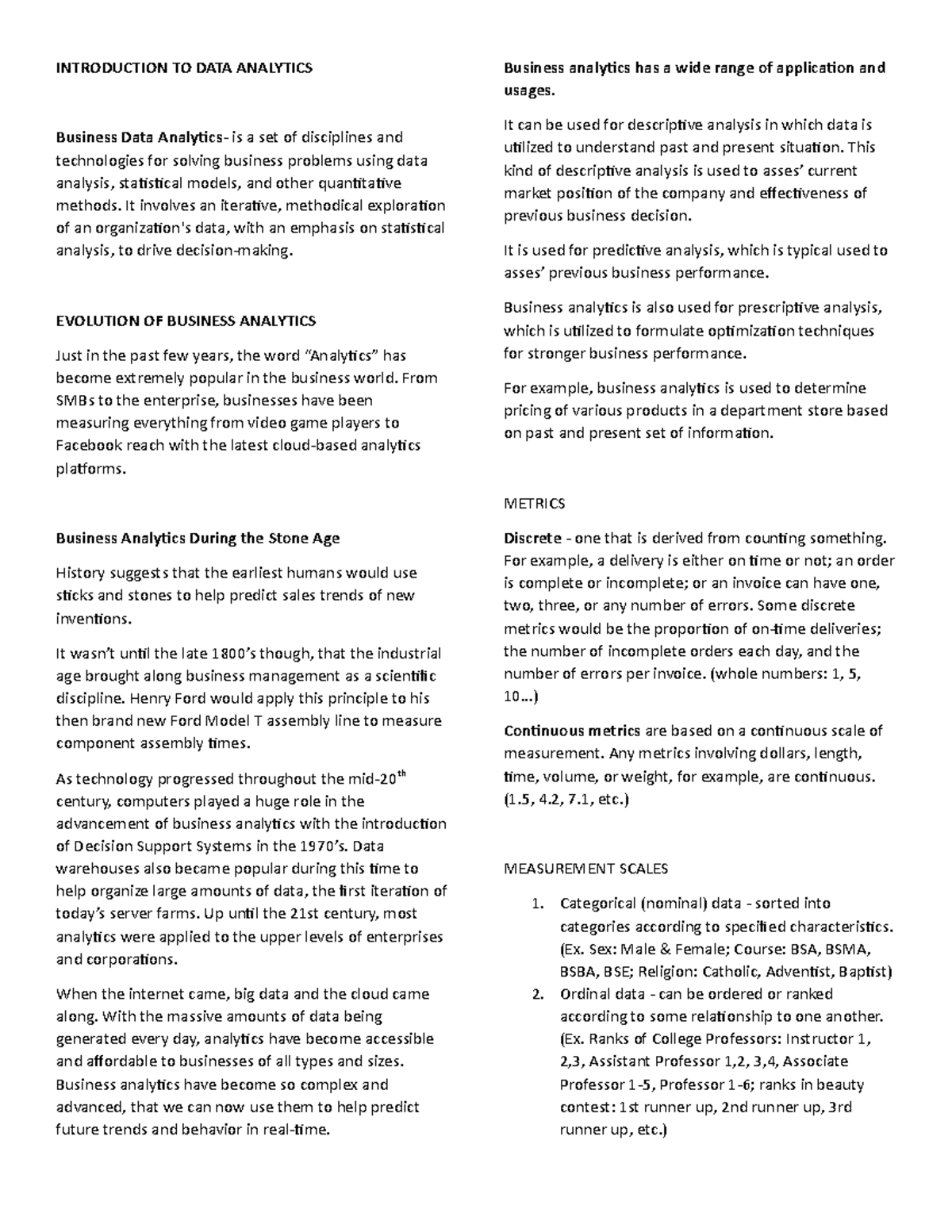 Compsa Midterm Reviewer - INTRODUCTION TO DATA ANALYTICS Business Data ...
