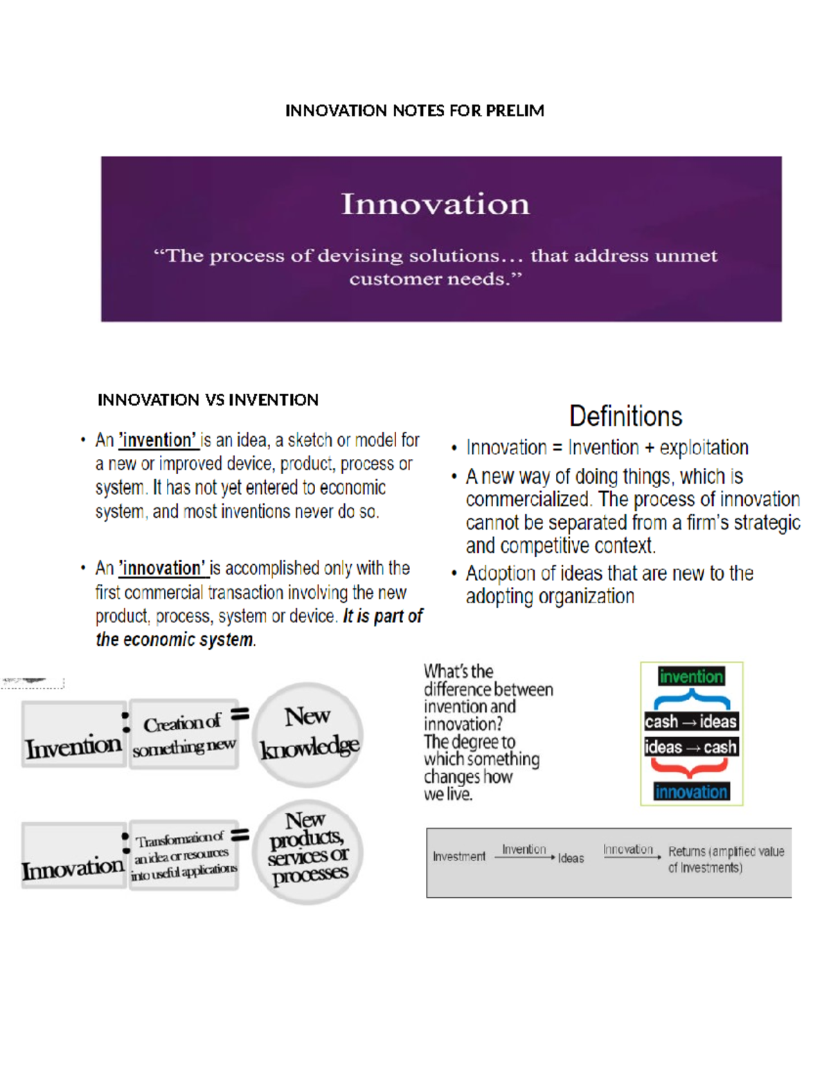 Innovation Notes - INNOVATION NOTES FOR PRELIM INNOVATION VS INVENTION ...