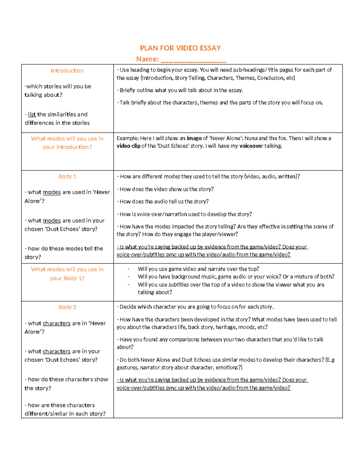8G Video Essay PLAN Helper - PLAN FOR VIDEO ESSAY Name ...