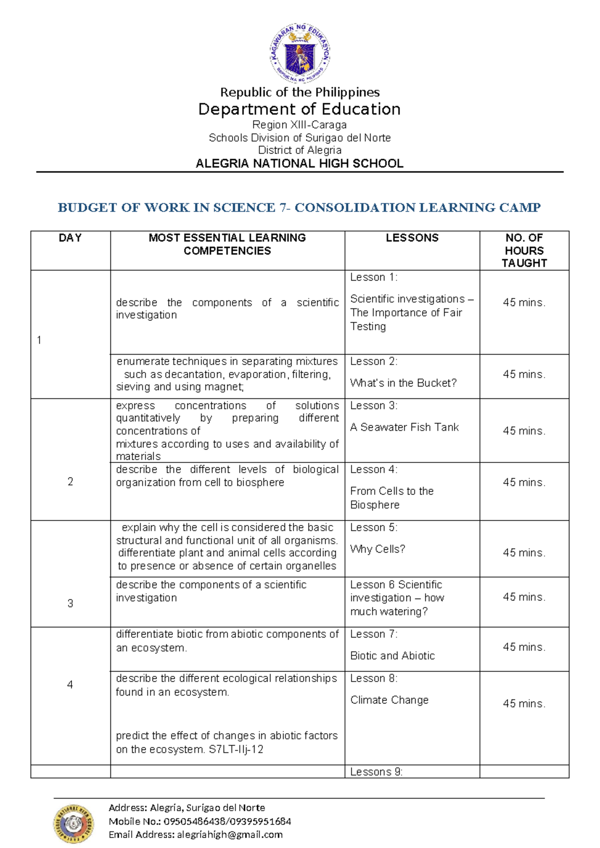 Budget Of Work In Science 7 Conso Bow Department Of Education