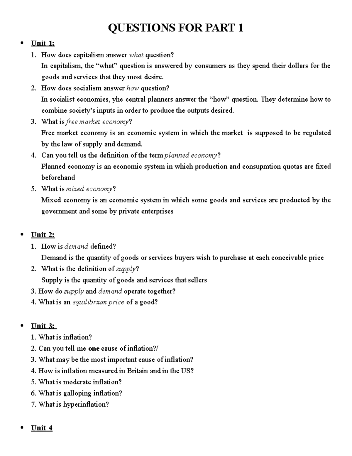 Part 1-Questions for Students - QUESTIONS FOR PART 1 Unit 1: How does ...