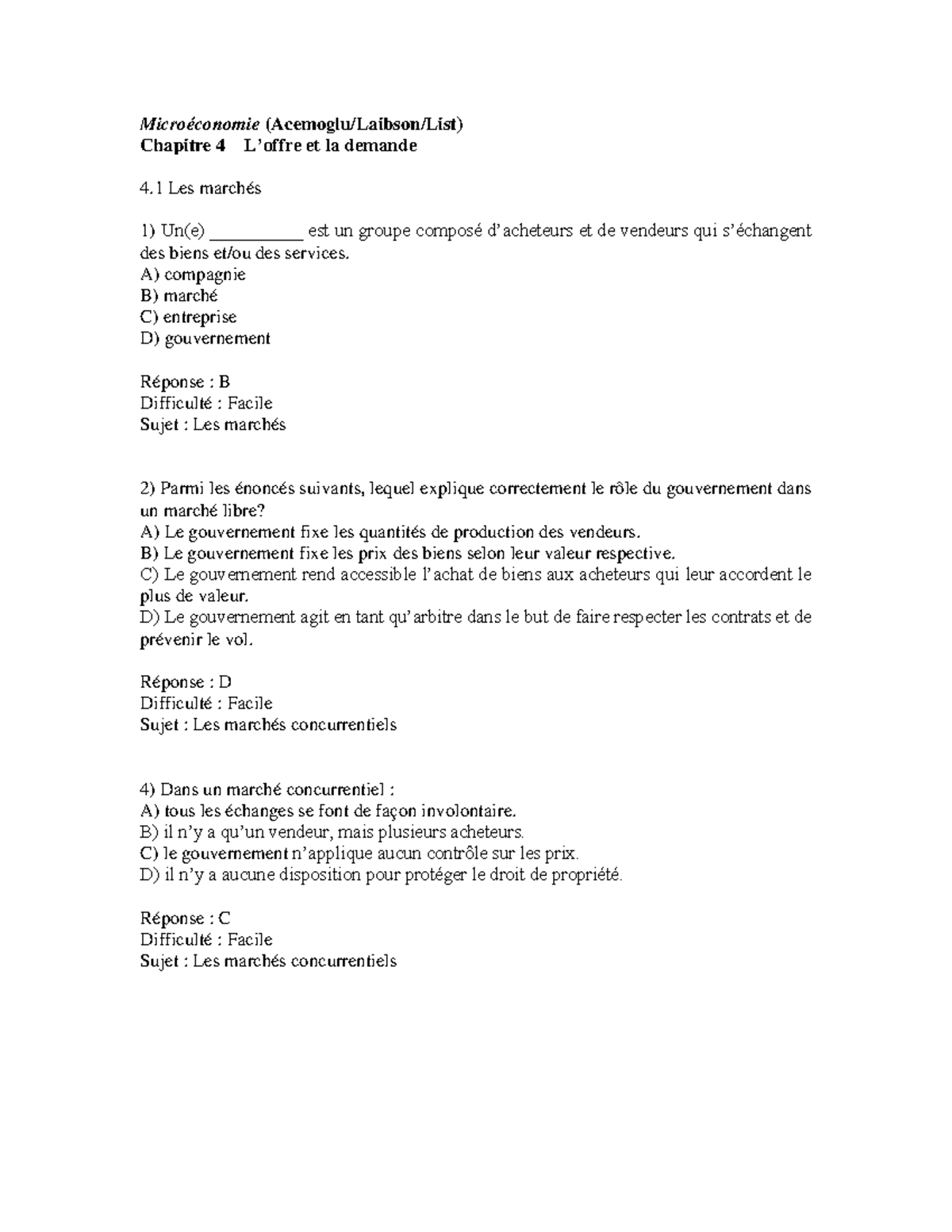 Micro%C3%A9conomie Chapitre 4 QCM avec r%C3%A9ponses - Microéconomie ...