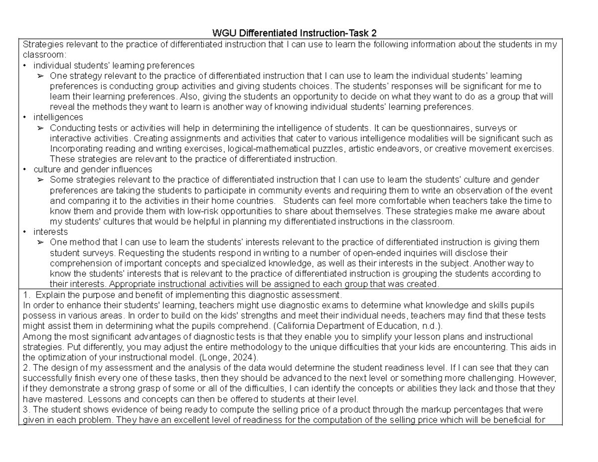 Task 2- WGU - D187 - approved answers - WGU Differentiated Instruction ...