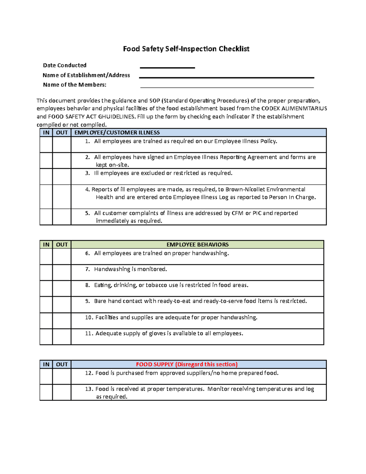 Food Safety Inspection Checklist - Food Safety Self-Inspection ...