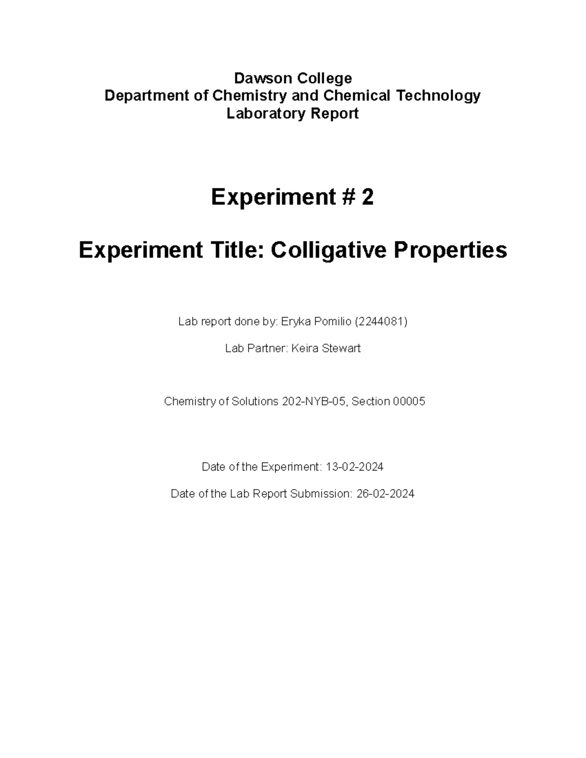 Colligative Properties Lab - Dawson College Department of Chemistry and ...