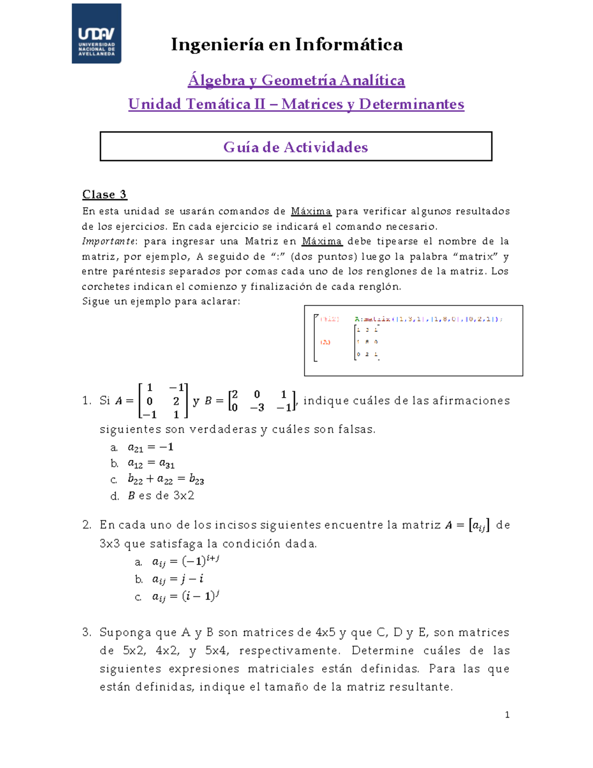Clase 3 - Guía de Actividades - IngenierÌa en Inform·tica 1 ¡lgebra y GeometrÌa AnalÌtica Unidad ...