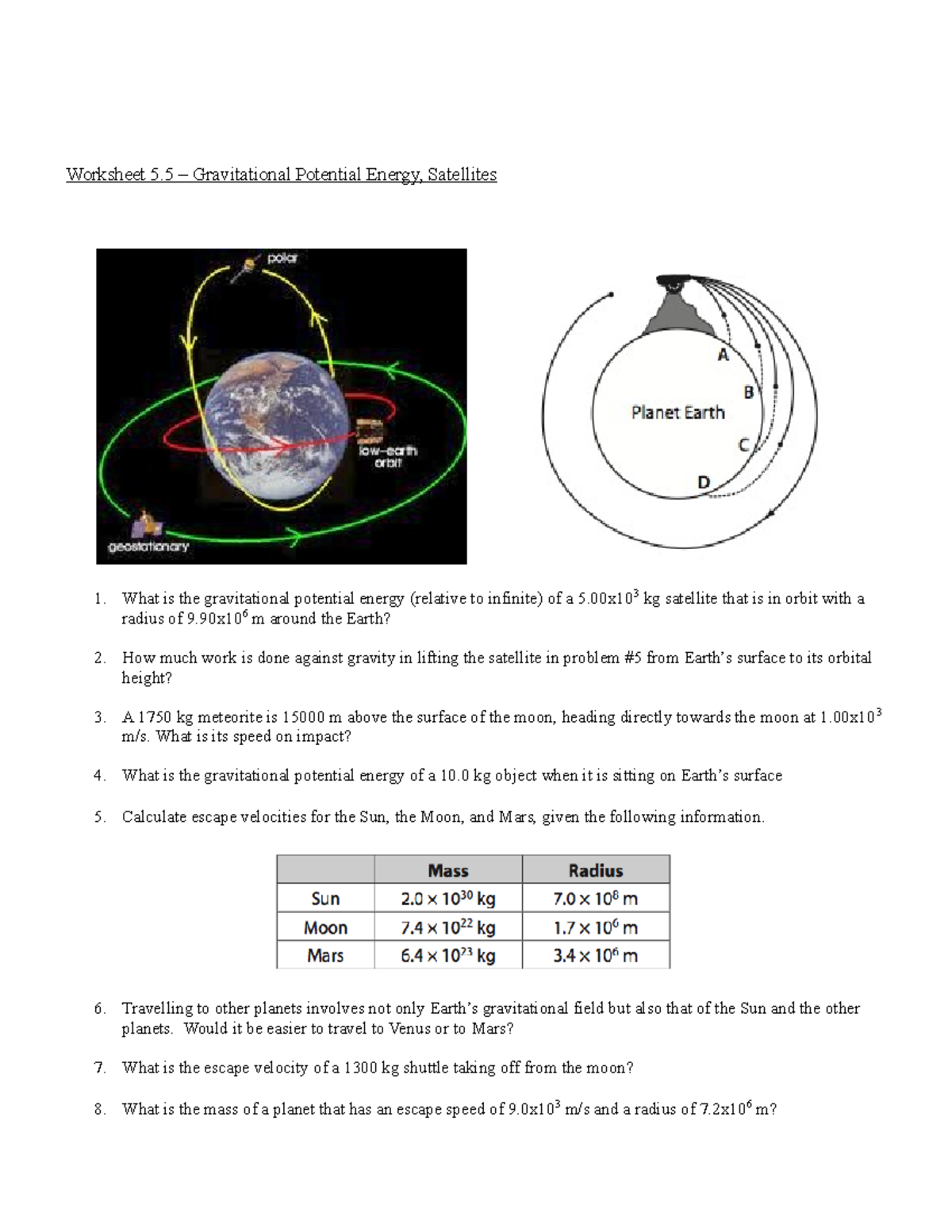 Satellite and gravitational energy - Worksheet 5 – Gravitational ...