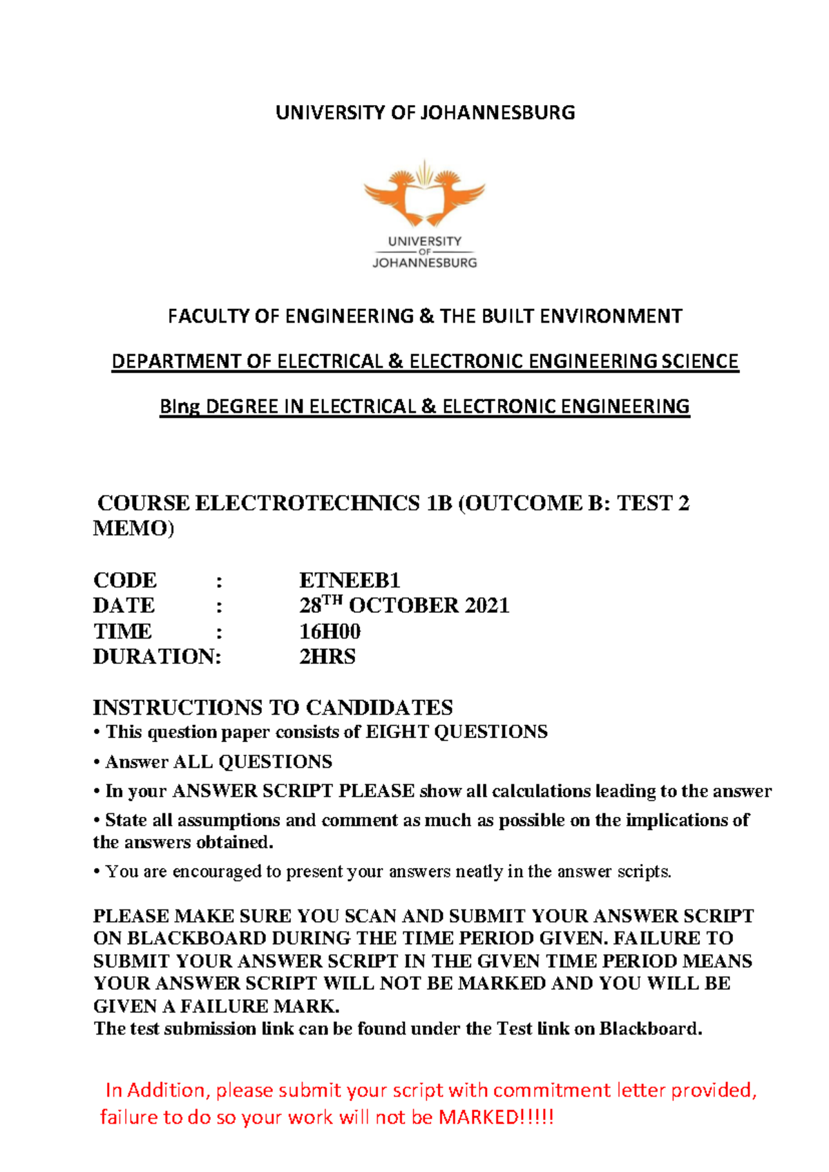 Electrotechnics 1B Outcome B TEST 2 MEMO - UNIVERSITY OF JOHANNESBURG ...