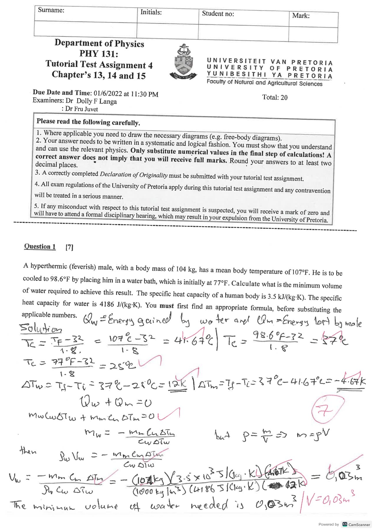 PHY131 Tut test 4 MEMO - Semester test preparation tutorial work. - PHY ...