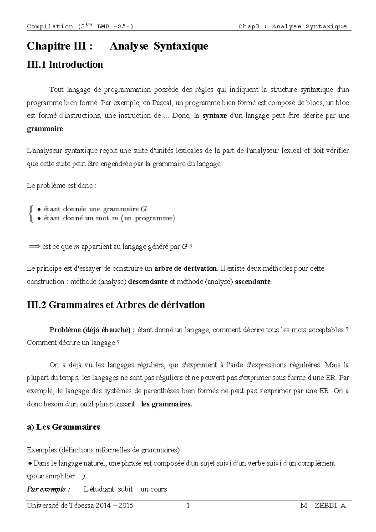 Chap III Analyse syntaxique - Chapitre III : Analyse Syntaxique III ...