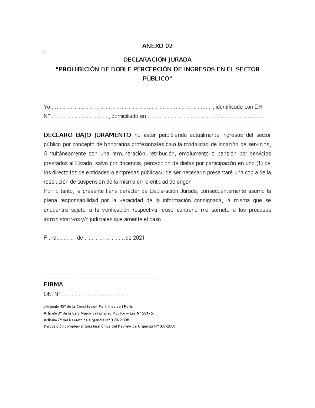 Declaración Jurada Nuevo - ANEXO 02 . DECLARACIÓN JURADA “PROHIBICIÓN DE DOBLE PERCEPCIÓN DE ...
