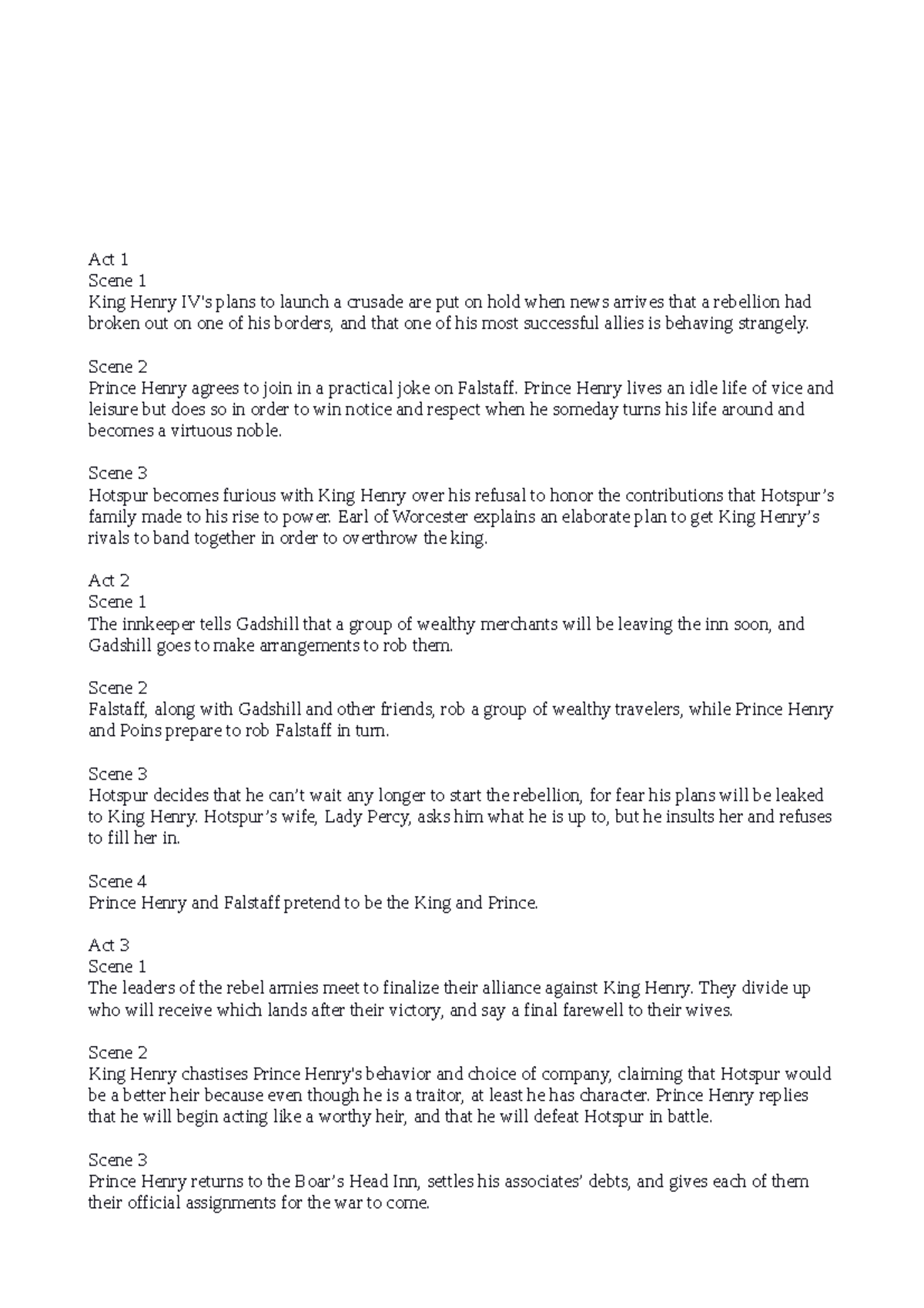 Hamlet Summary Notes - Henry IV, Part 1 William Shakespeare Act 1 Scene ...