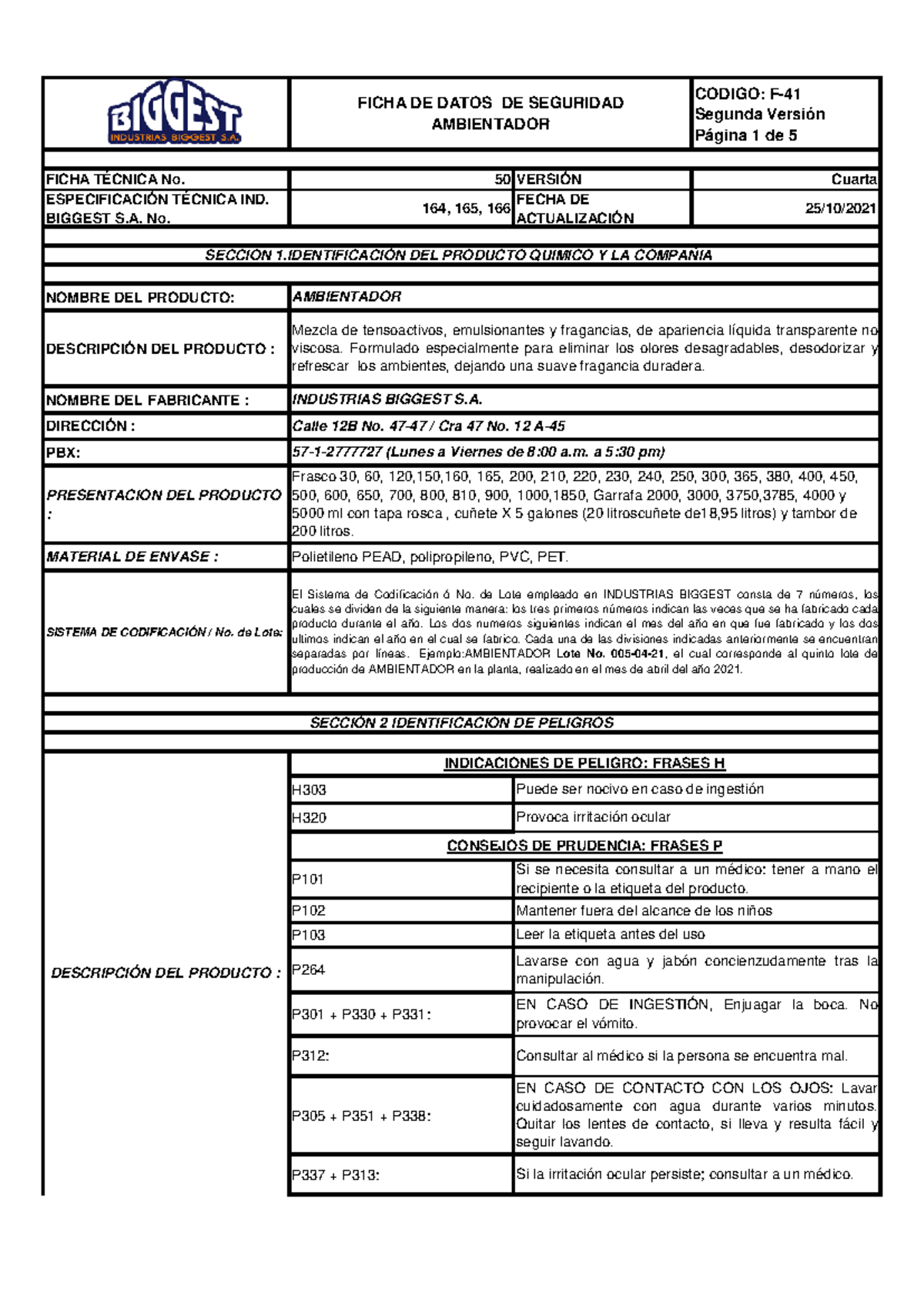 FDS Ambientador - CODIGO: F- Segunda Versión Página 1 de 5 FICHA ...