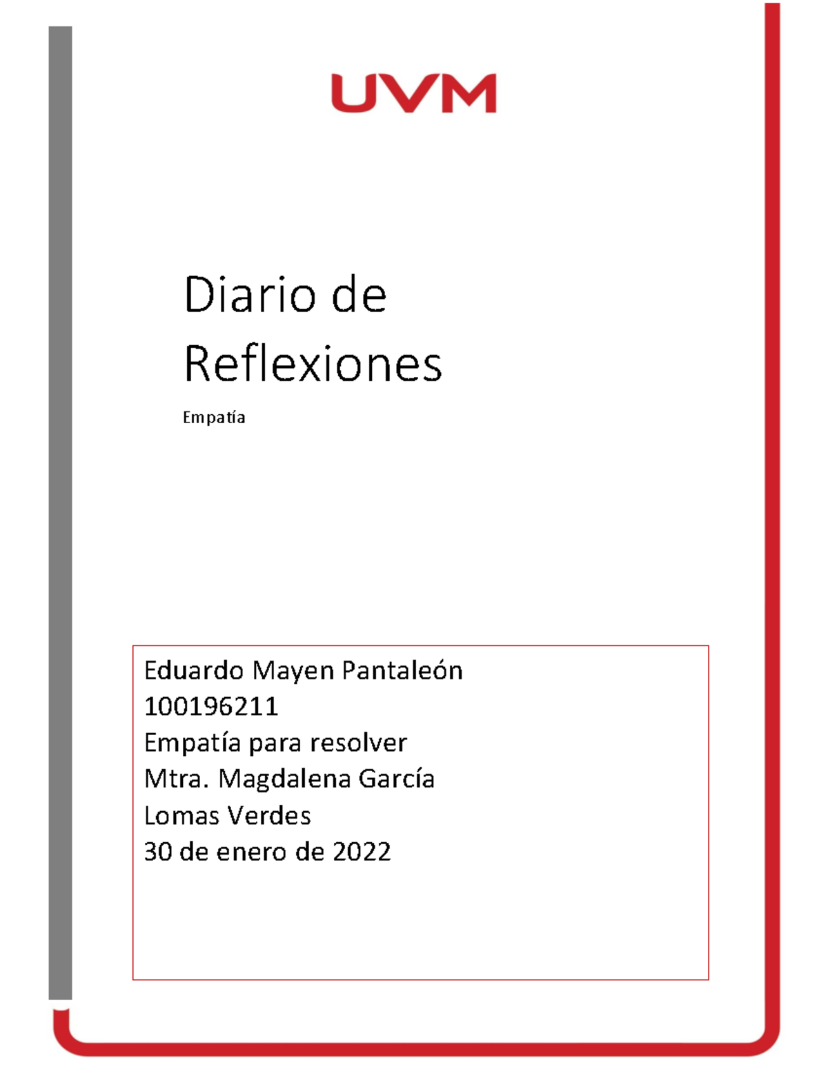 DR2 EMP - diario de reflexiones - Empatia para resolver - UVM - Studocu