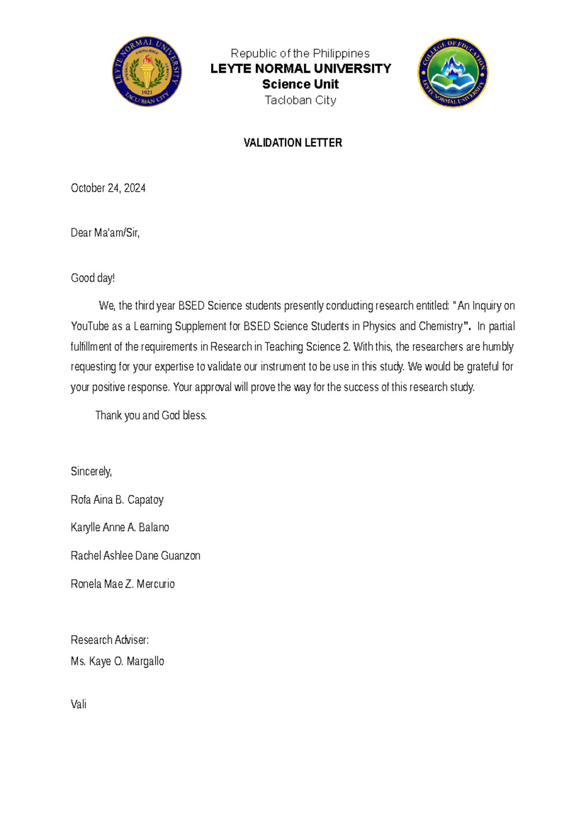 Validation- Letter - n/a - VALIDATION LETTER October 24, 2024 Dear Ma ...