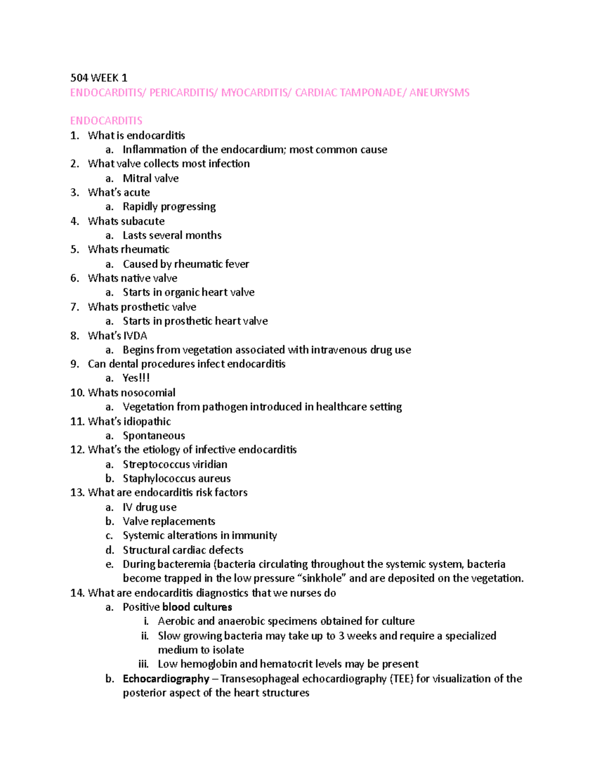 504 WEEK 1 - Exam 1 Cardio Lecture Notes - 504 WEEK 1 ENDOCARDITIS ...